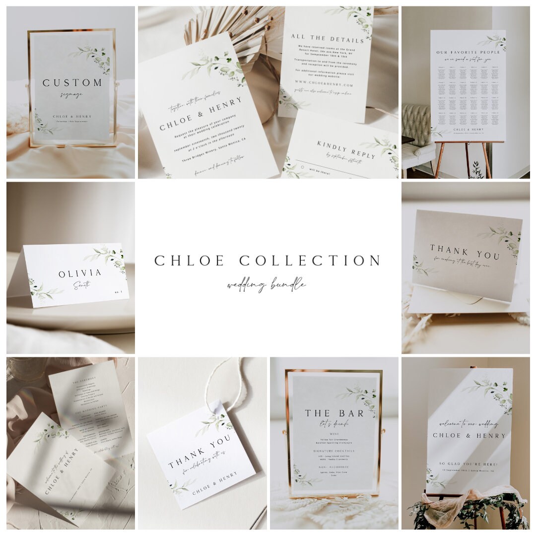 Minimal Greenery Wedding Invitation Bundle, Botanical Large Wedding ...