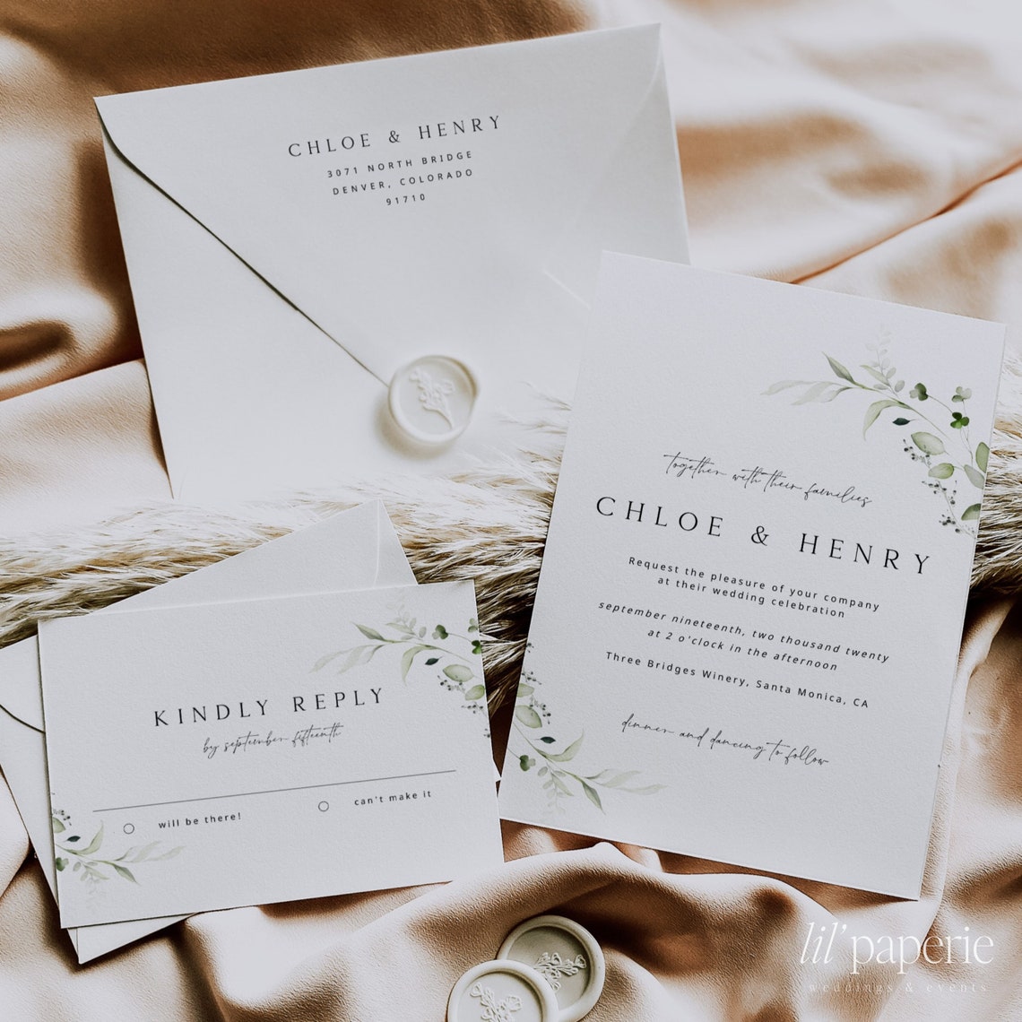 Minimal Greenery Wedding Invitation Set, Botanical Wedding Invitation ...