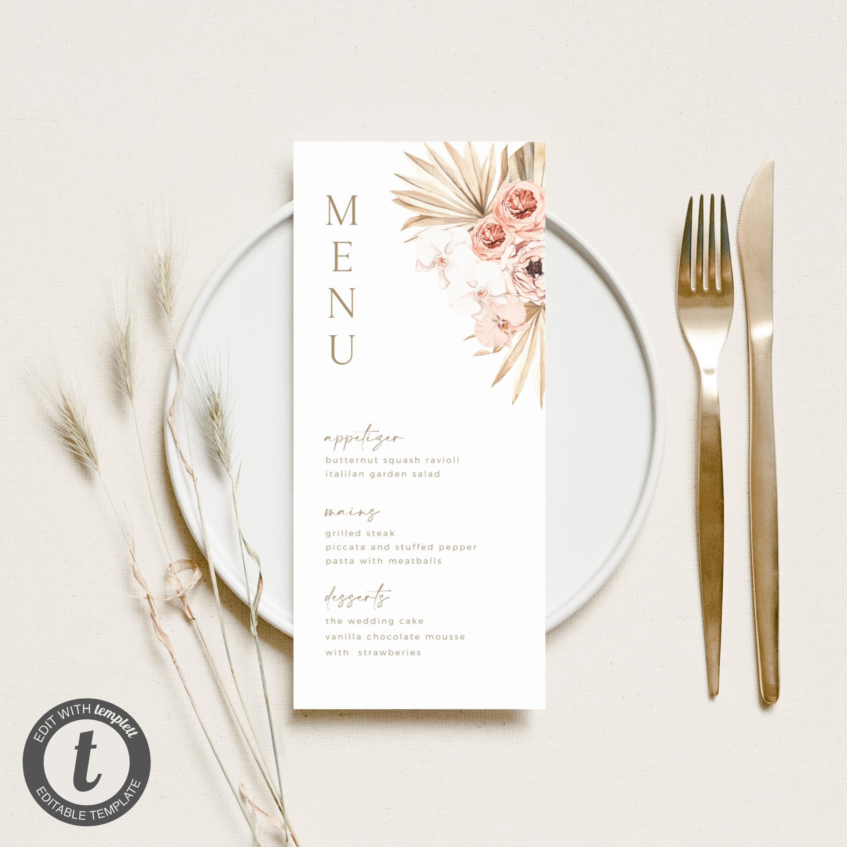 Boho Floral Wedding Menu Template Download, Chic Boho Wedding Menu ...