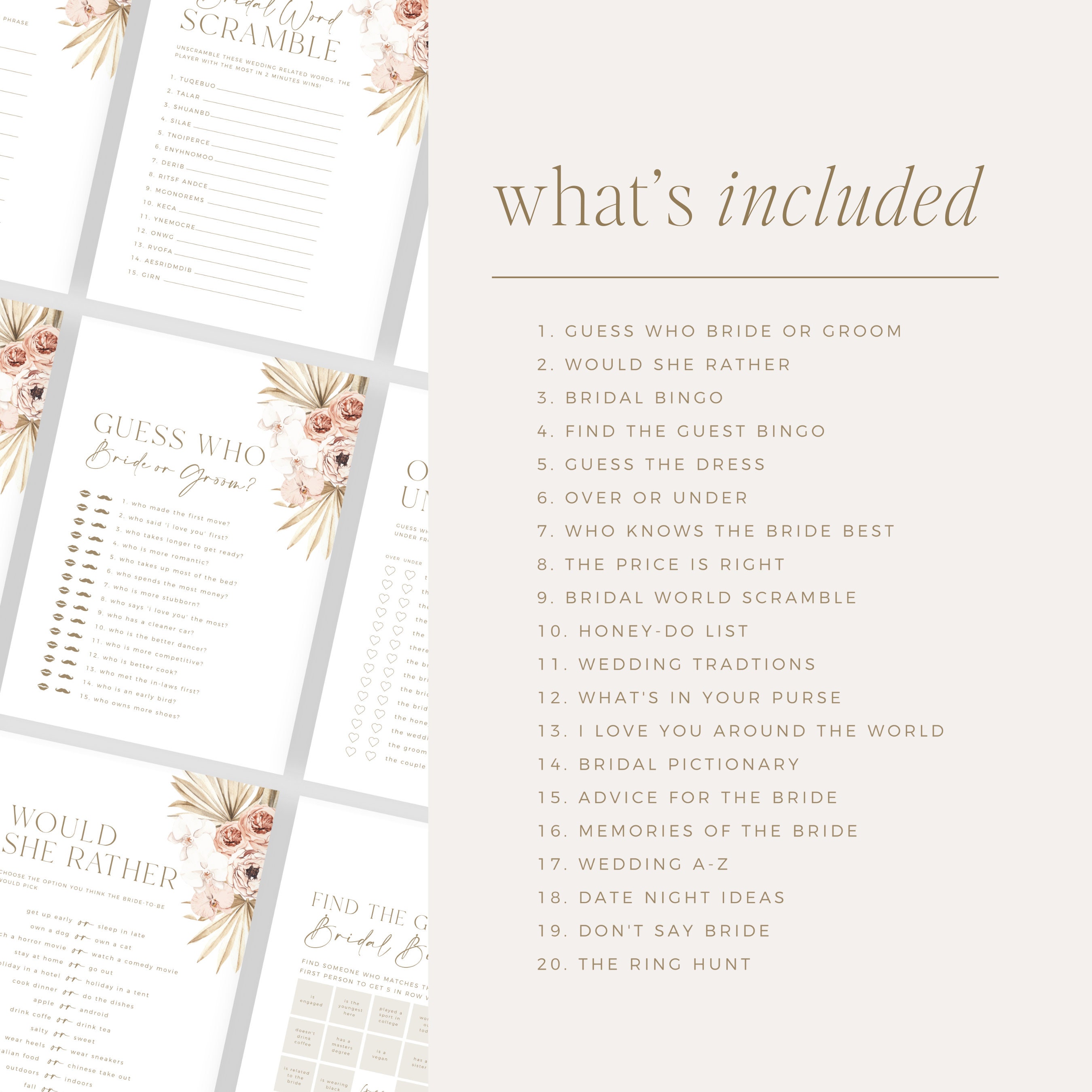 Boho Bridal Shower Games Bundle, Minimal Boho Floral Bridal Shower ...