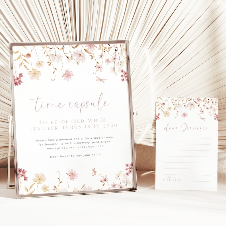 Pink Wildflower Time Capsule Template, First Birthday Time Capsule Sign ...