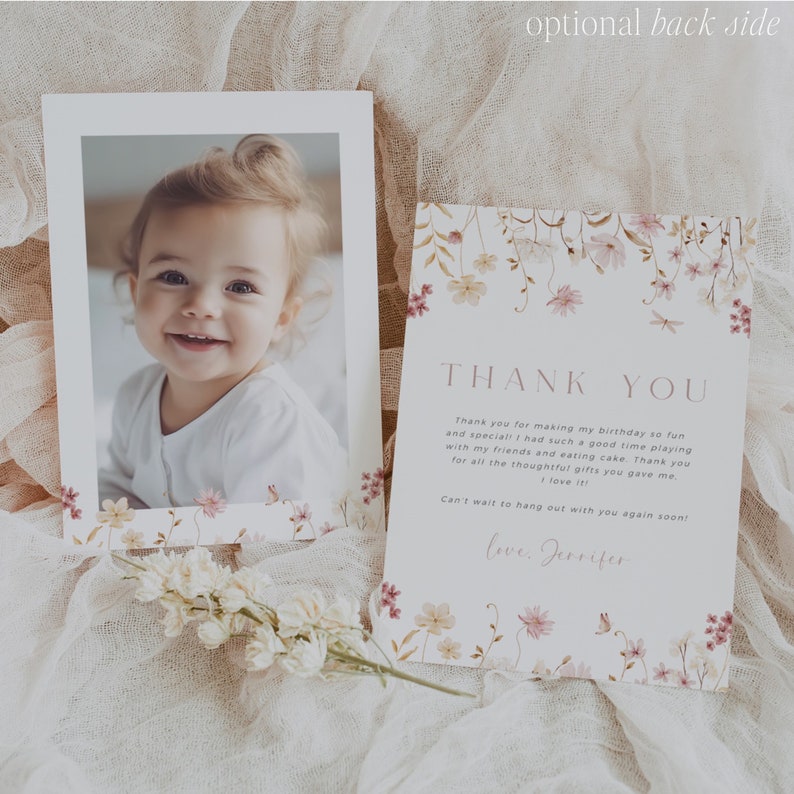 Pink Wildflower 1st Birthday Thank You Card Template, 1st Birthday Girl ...