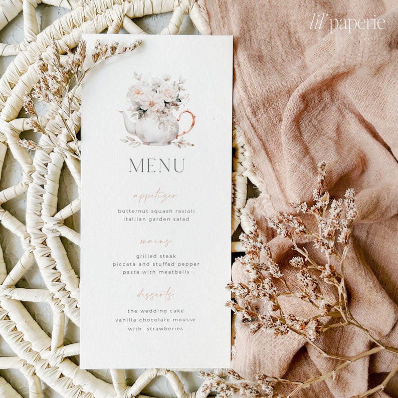 Tea Party Menu Template Printable Tea Menu Tea Party Bridal Shower Menu Floral Bridal Tea