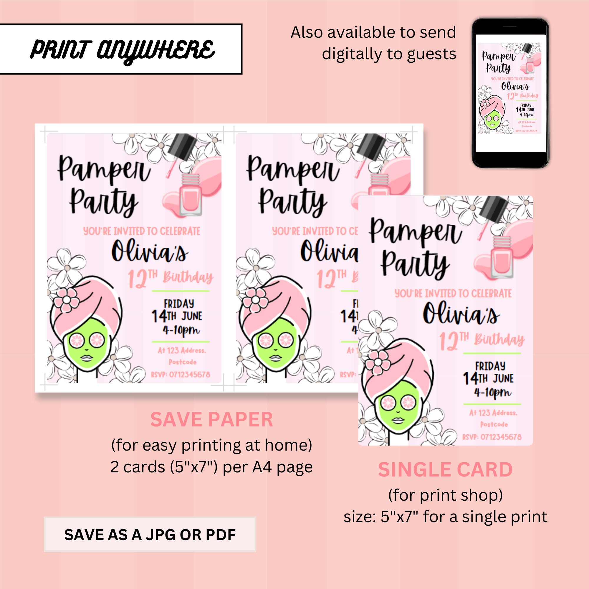 Girls Pamper Birthday Party Invitation, Personalised Birthday Invite ...