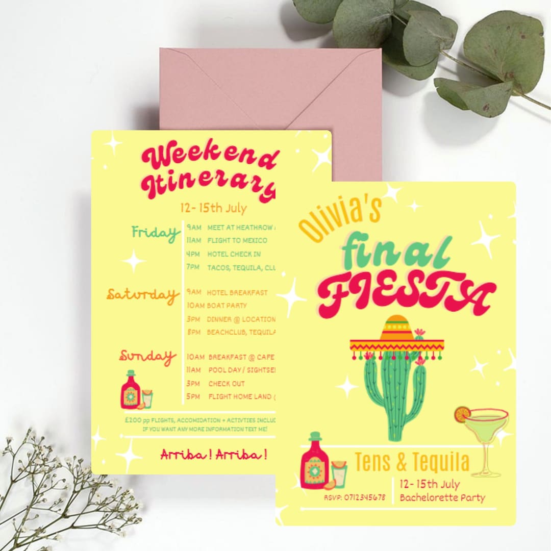 Final Fiesta Hen Party Invitation Itinerary, Personalised Bachelorette ...