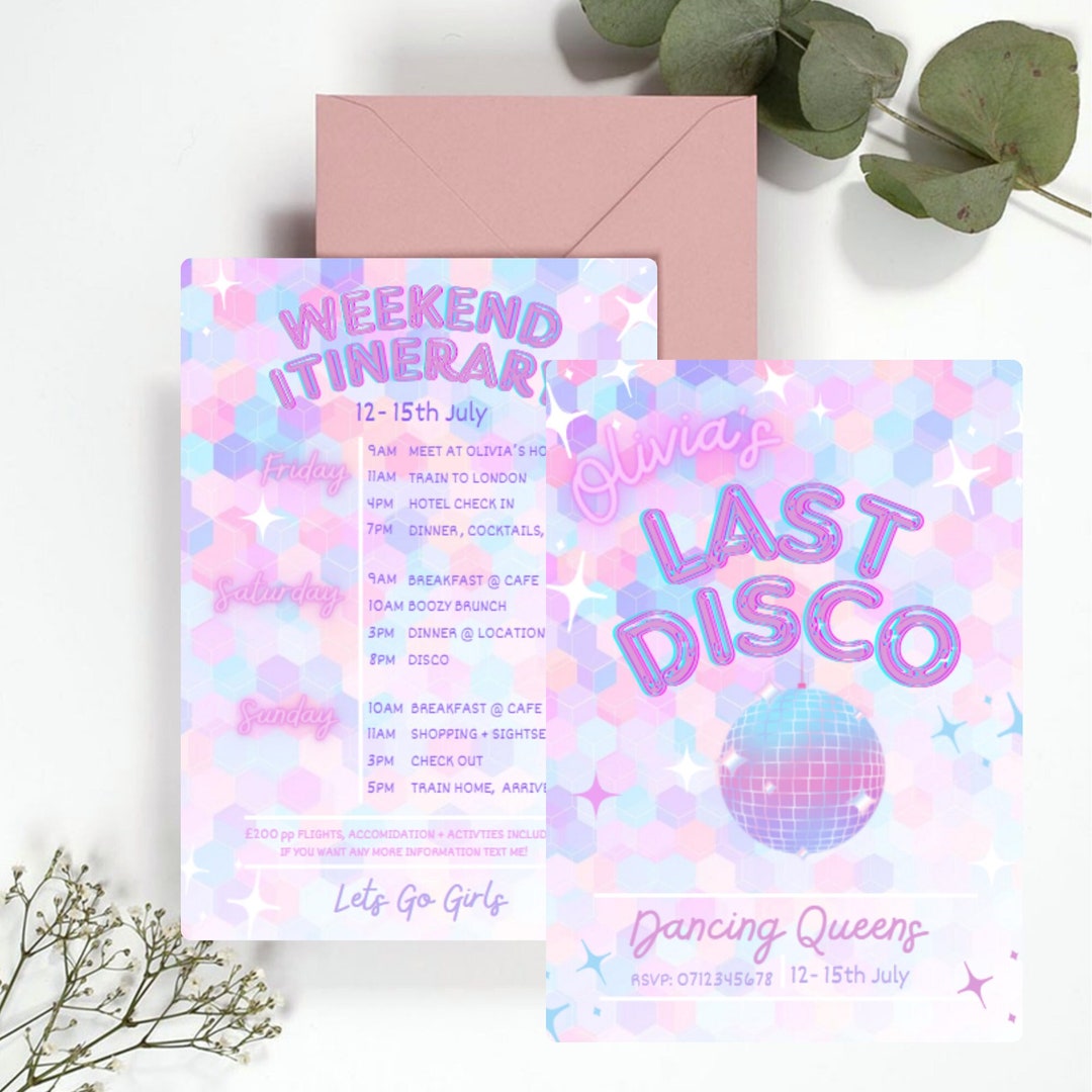 Last Disco Hen Party Invitation Itinerary, Personalised Disco ...