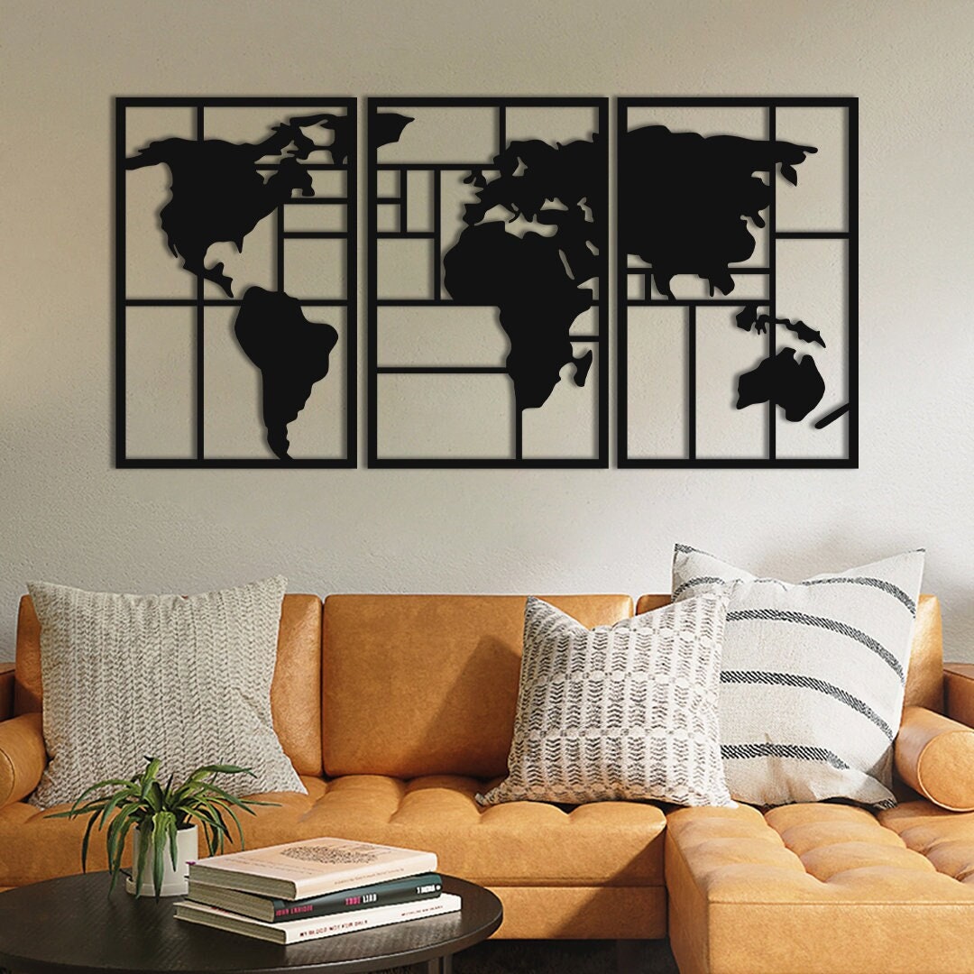 Buy 3 Piece World Map Metal Wall Art Geography Wall Decor Metal Wall ...