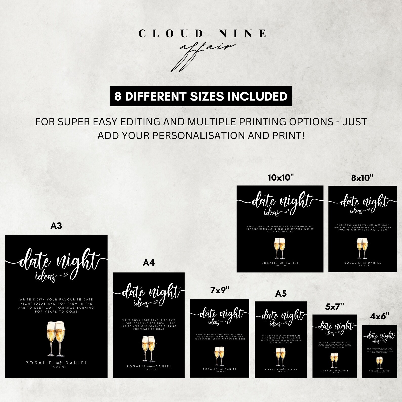 Date Night Ideas Wedding Sign Template | Black Minimalist (digital ...