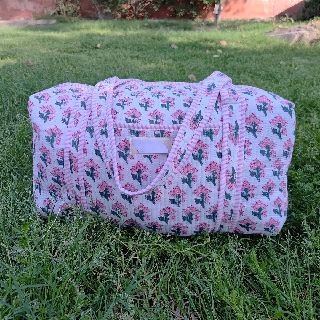 Beautiful Block Print Quilted Duffle Bag Large Size Decorative Cotton ...