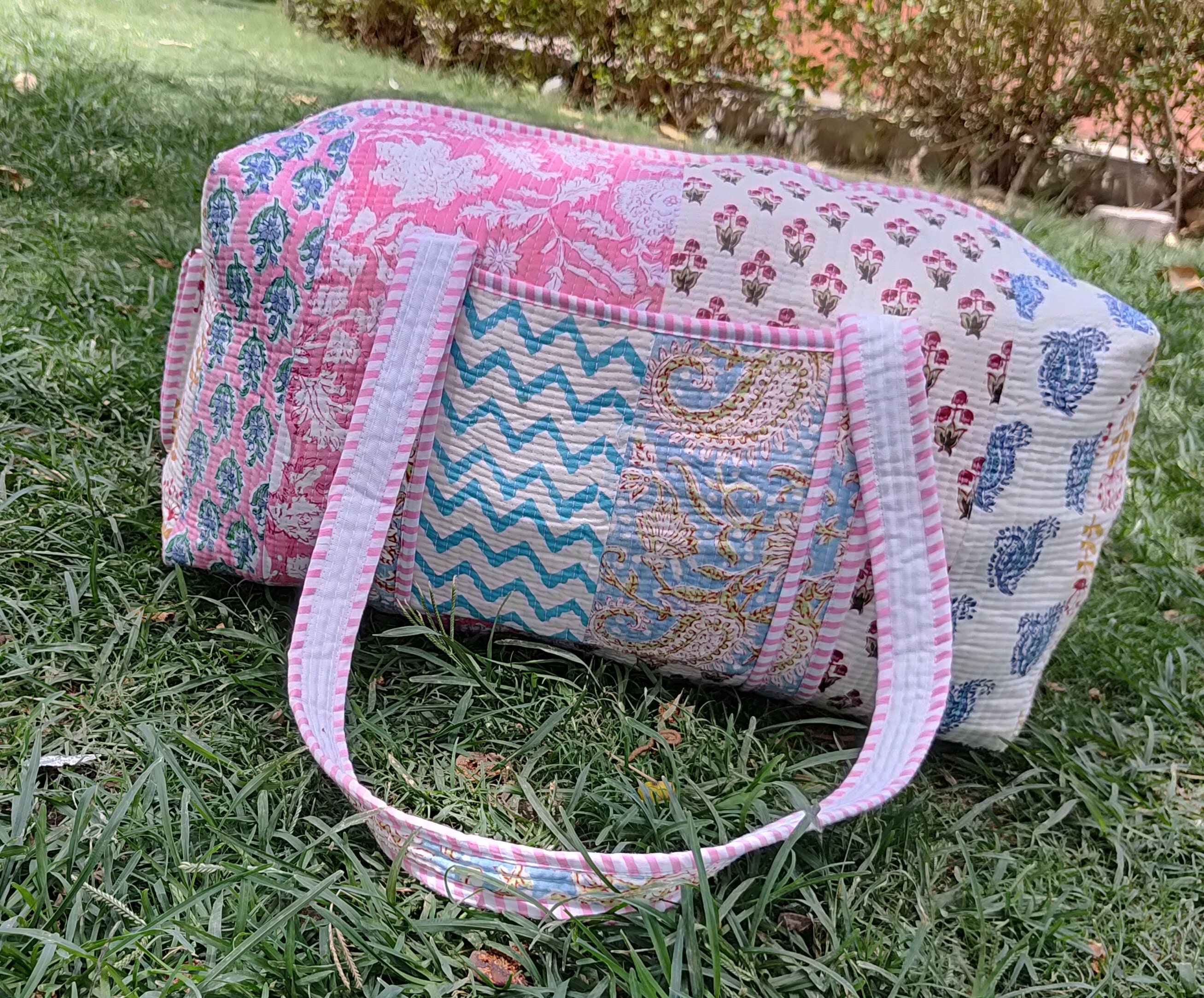 Large Handmade Duffel Bags Beautiful Block Print Quilted Bag Weekender ...