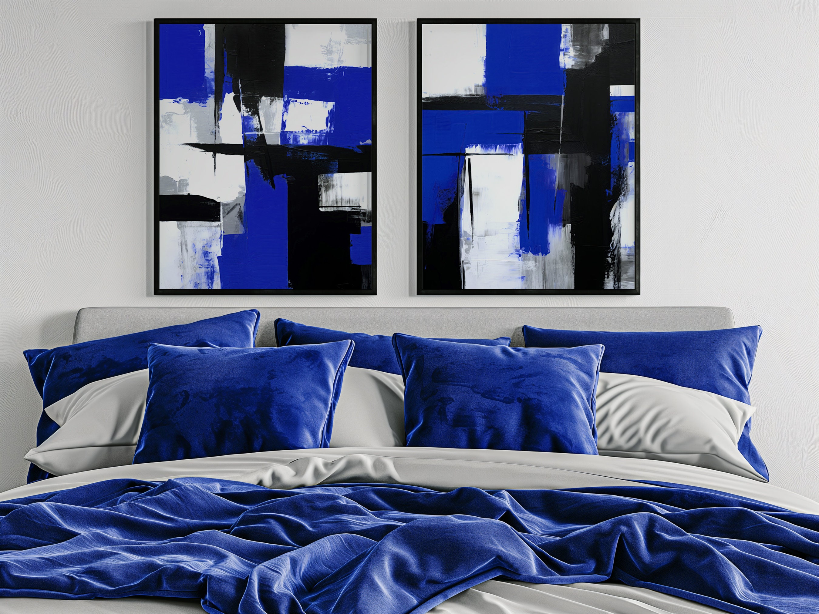 Bright Cobalt Blue, Grey, Black and White Abstract Wall Art - Modern ...