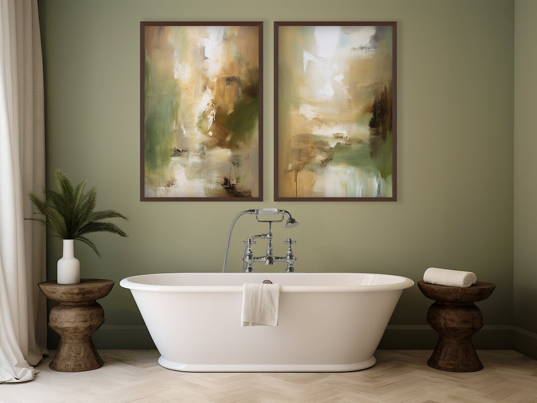 Green, Beige, Brown and White Abstract Wall Art - Set of 2 - Modern ...