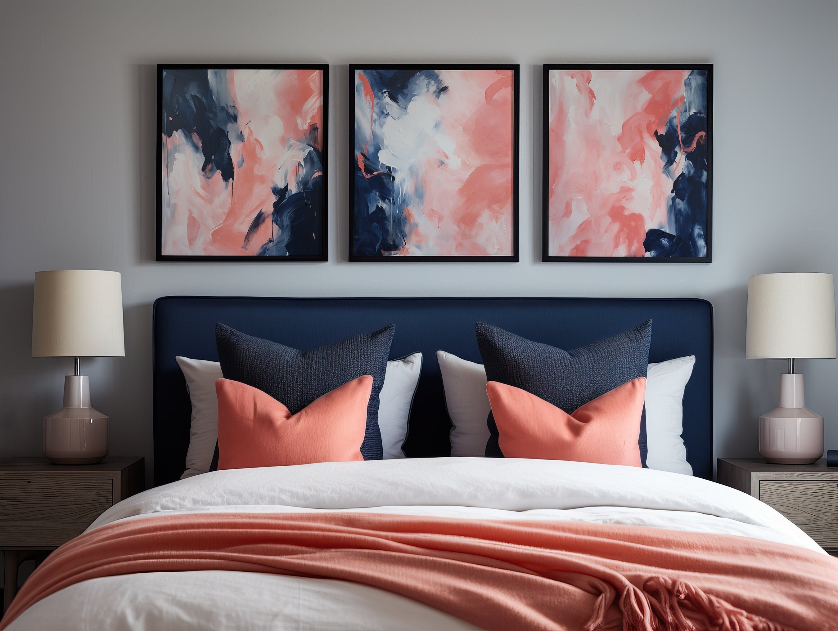 Coral, Navy & White Abstract Wall Art - Set of 4 - Modern, Contemporary ...
