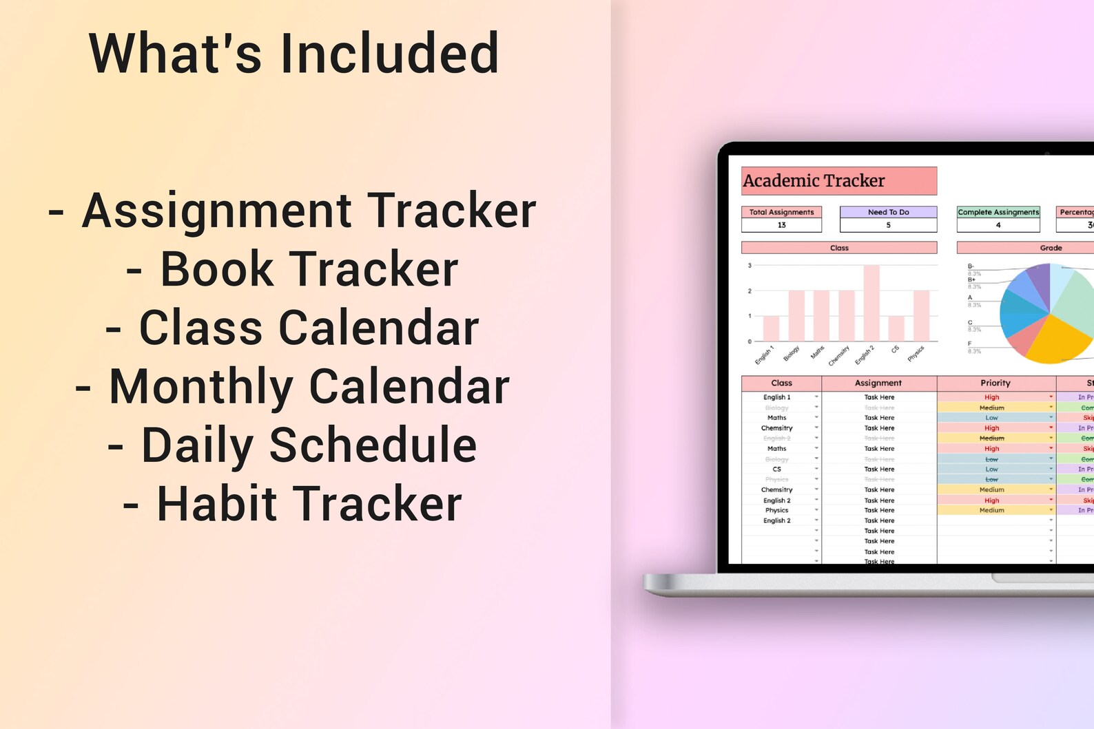 Student Planner Google Sheets Academic Planner Spreadsheet, Assignment ...