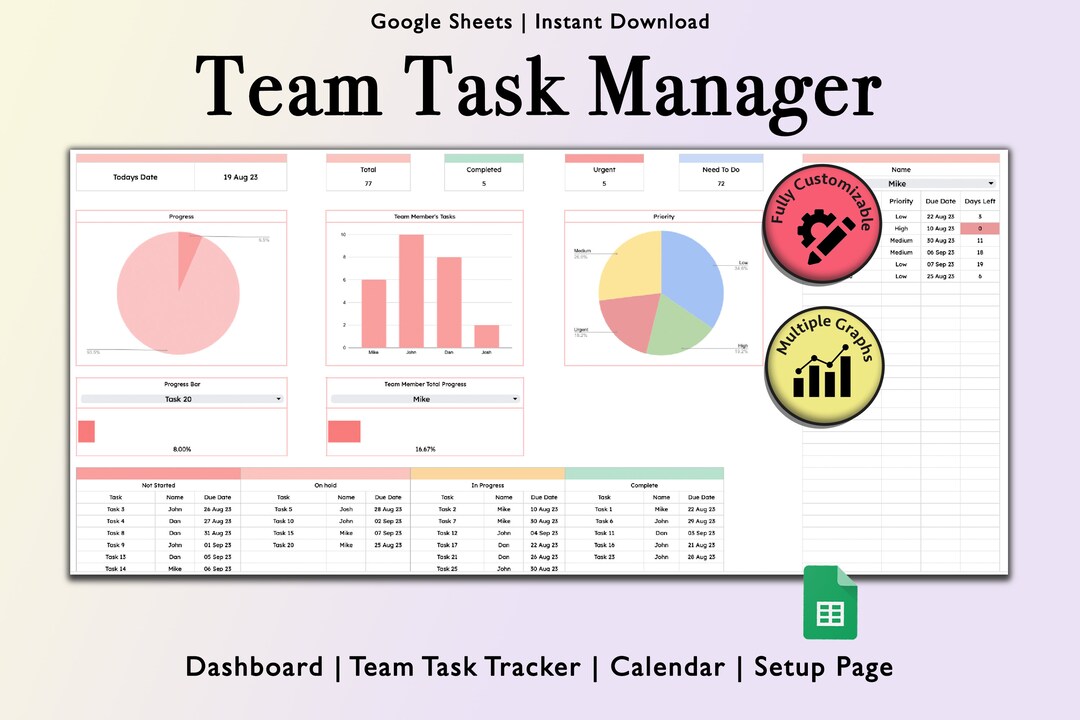 Team Task Tracker Spreadsheet Google Sheets to Do List Planner, Manager ...