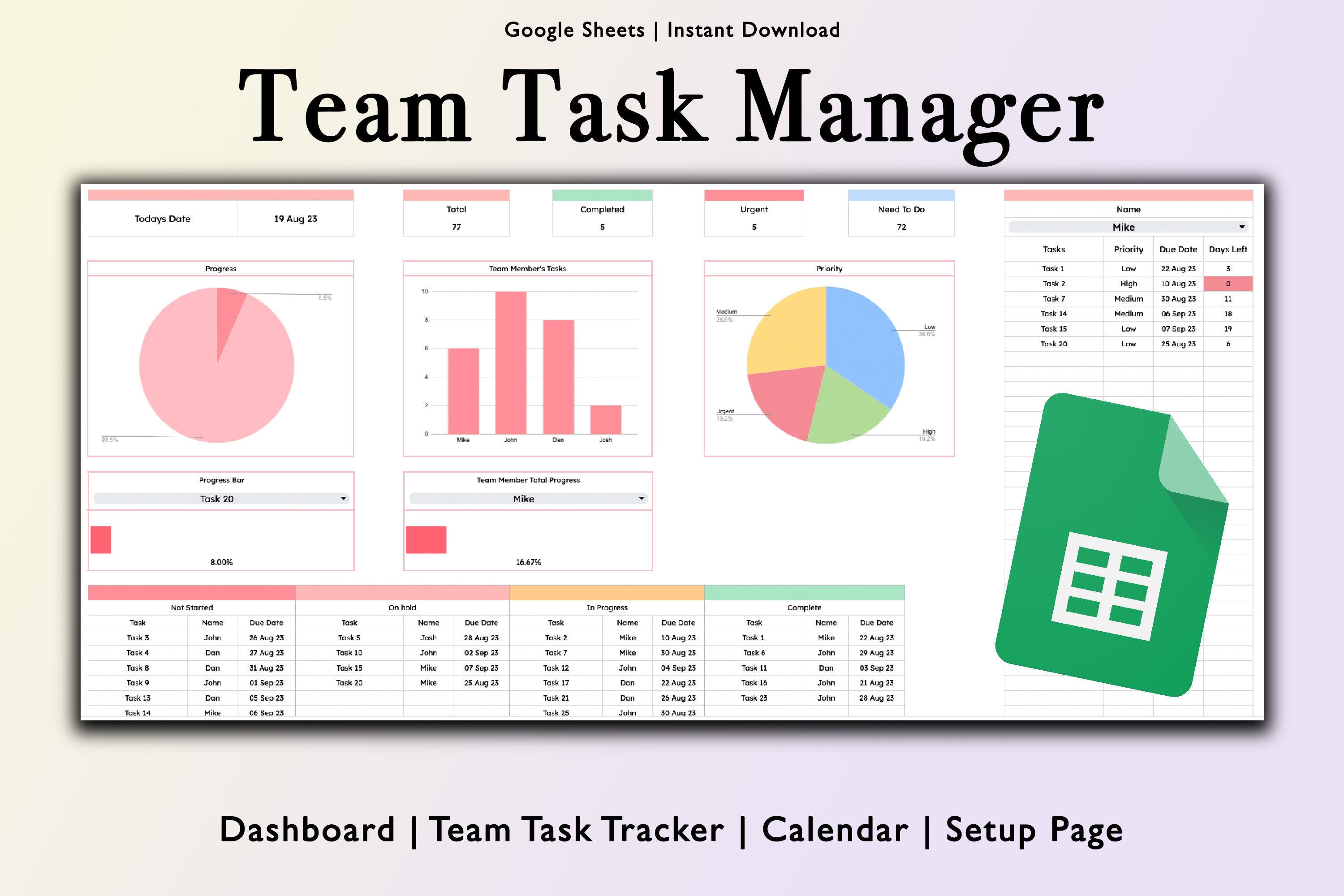 Team Task Tracker Spreadsheet Google Sheets to Do List Planner, Manager ...