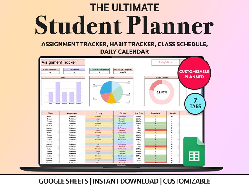 Student Planner Google Sheets Academic Planner Template, Assignment ...