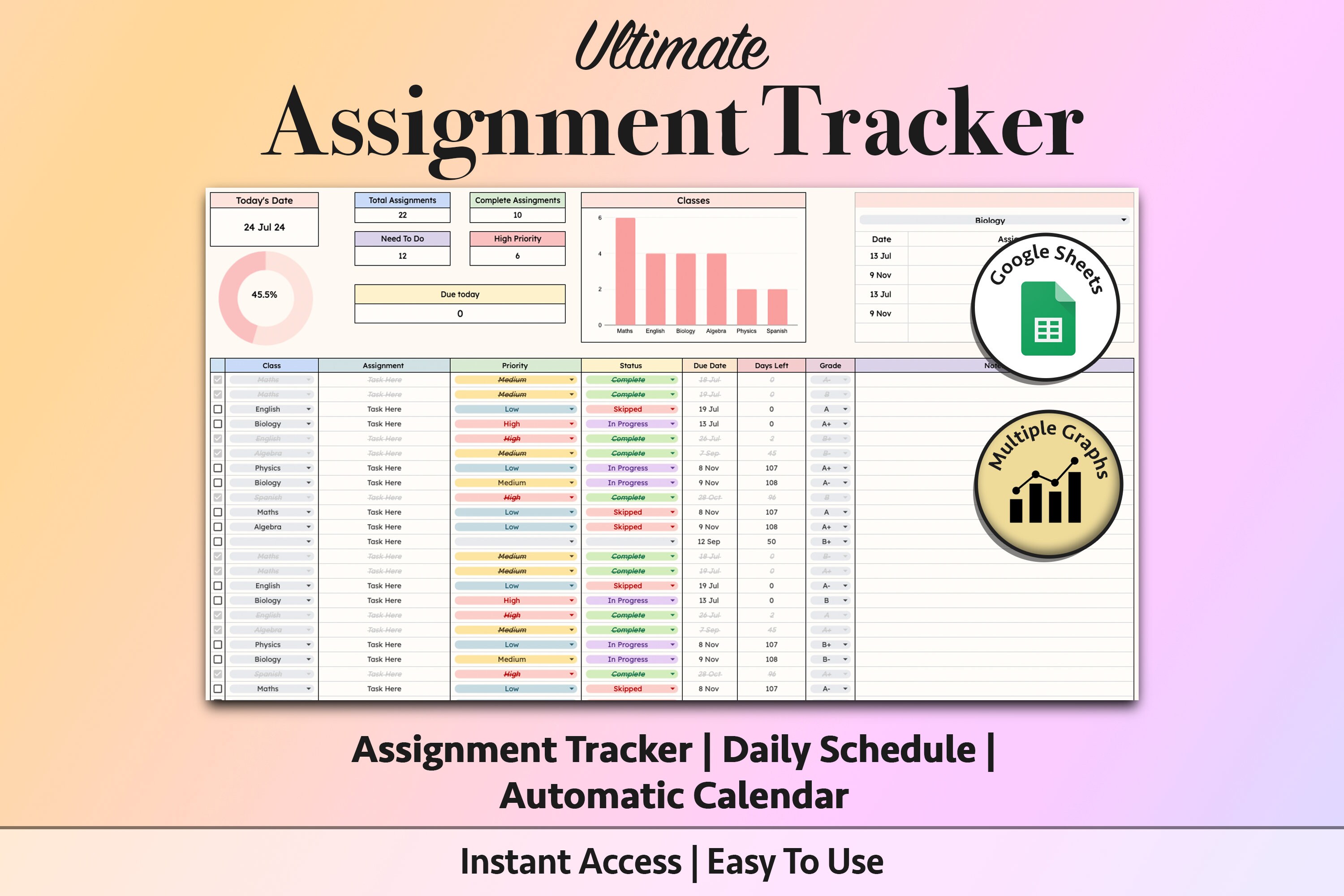 Assignment Tracker Spreadsheet Google Sheets Student Planner, College ...