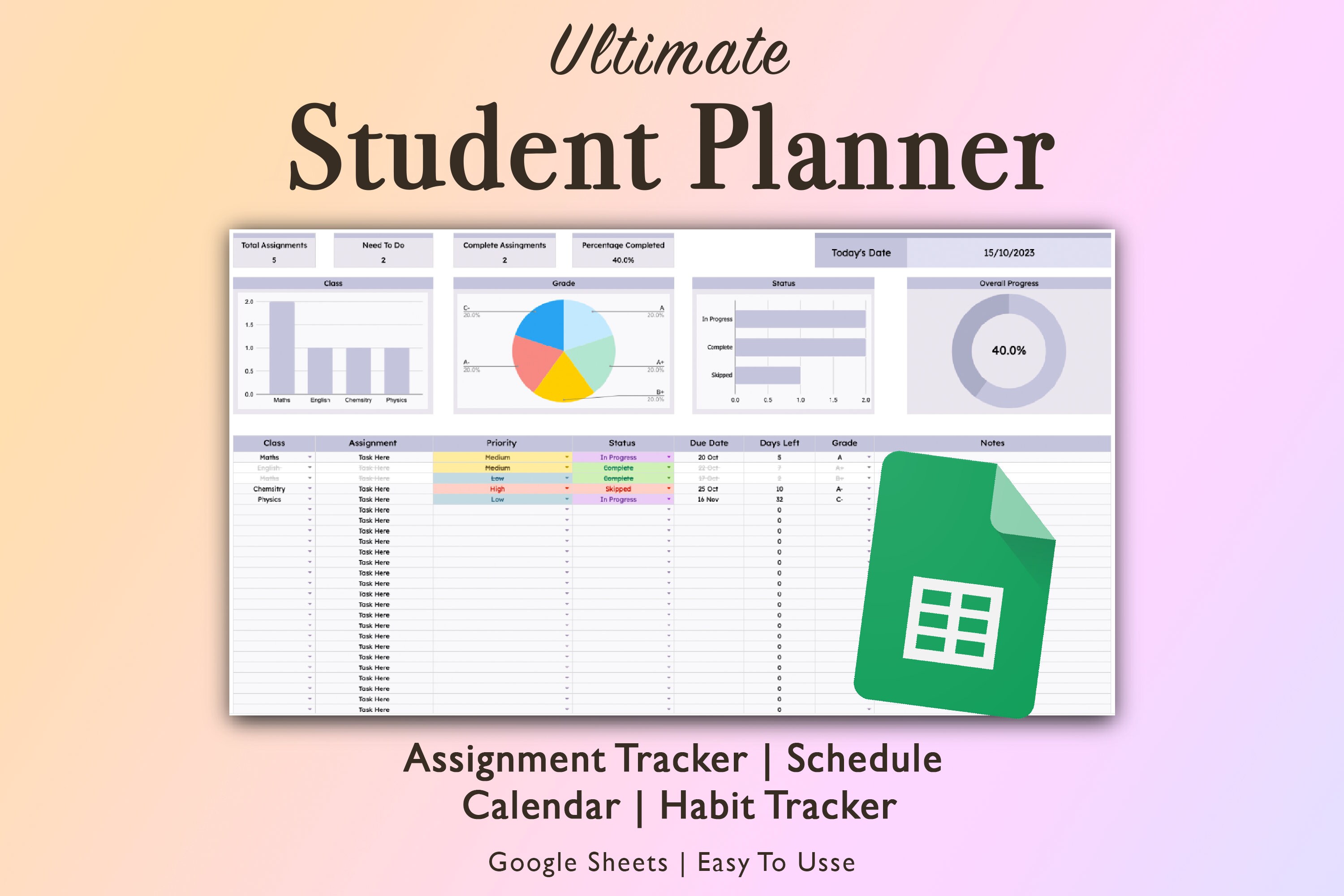 Student Planner Template Google Sheets, Assignment Tracker, Academic ...