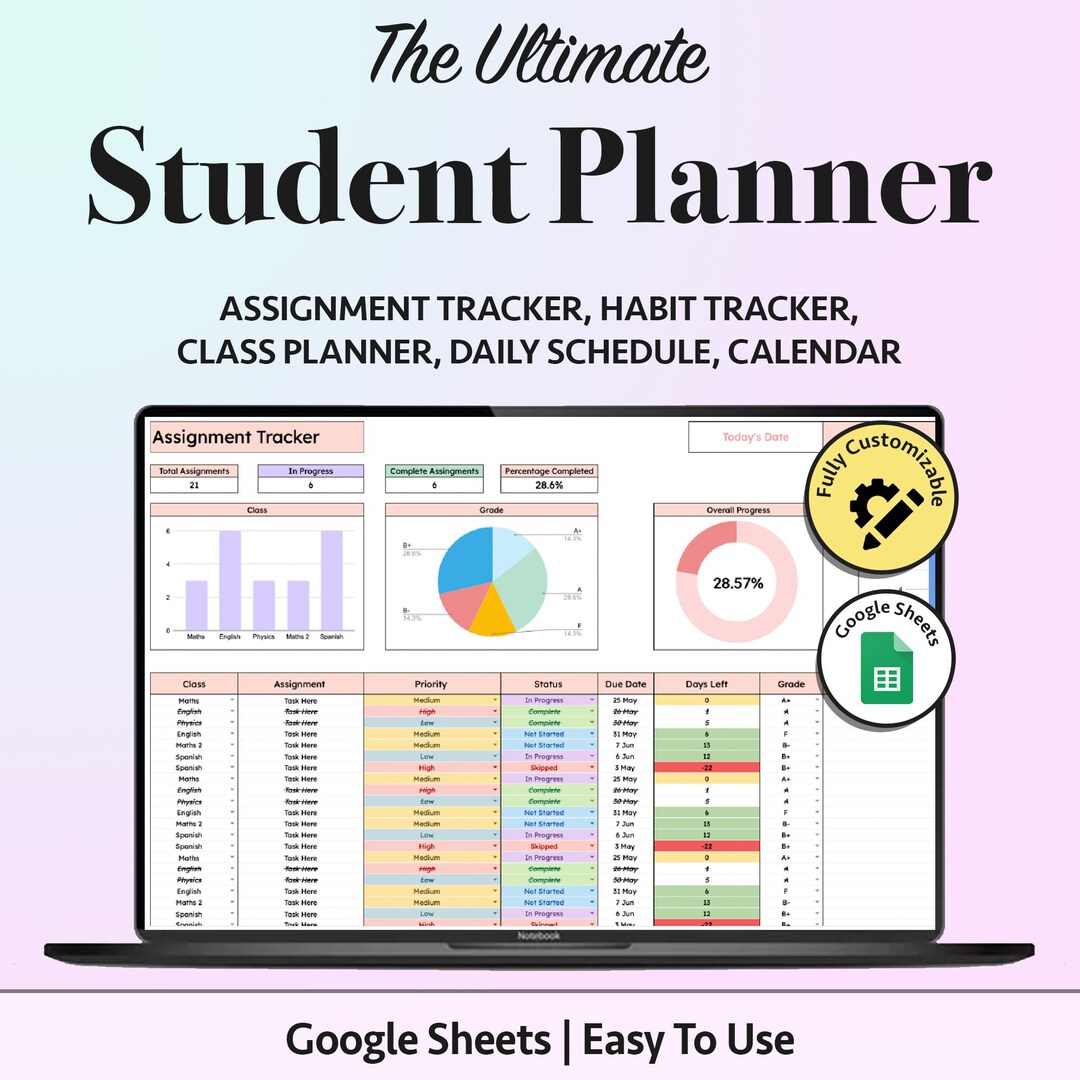 Student Planner Spreadsheet Academic Planner Spreadsheet, Assignment ...