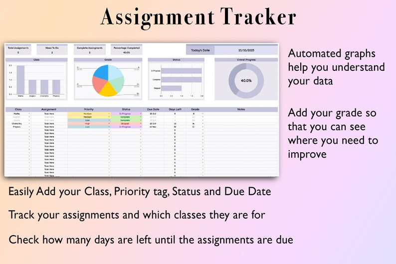 Student Planner Spreadsheet Google Sheets Assignment Tracker Academic ...