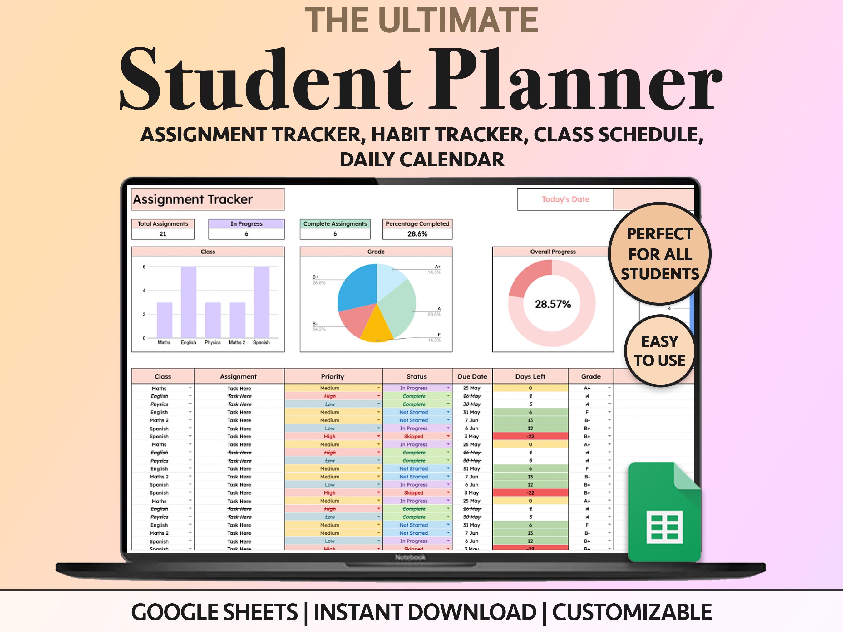 Student Planner Google Sheets Academic Planner Spreadsheet, Assignment ...
