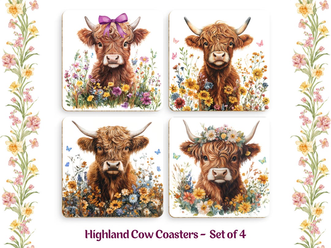 Highland Cow Coasters – Set of 4 | Spring Home Decor | Scottish Gifts ...