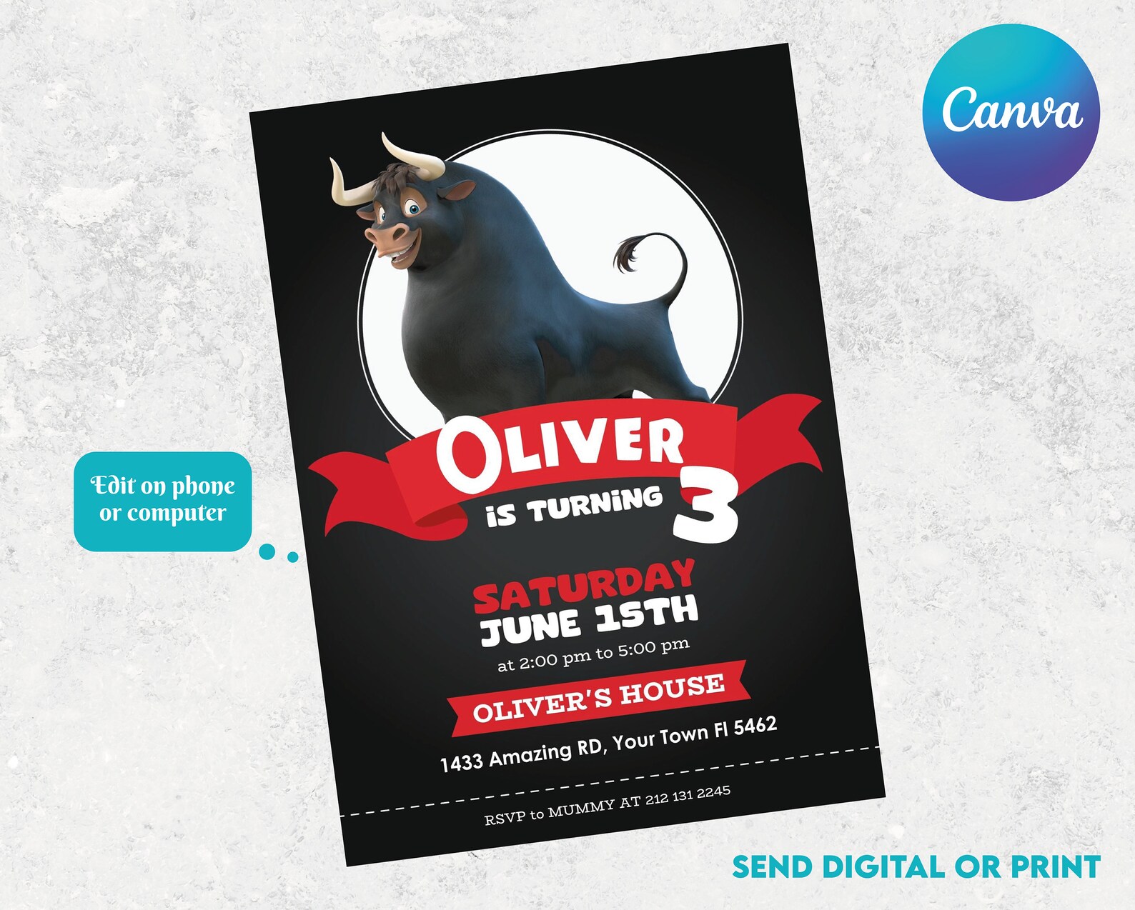 Ferdinand Invitation | Kids Invitation | Digital Party Invite | Modern ...