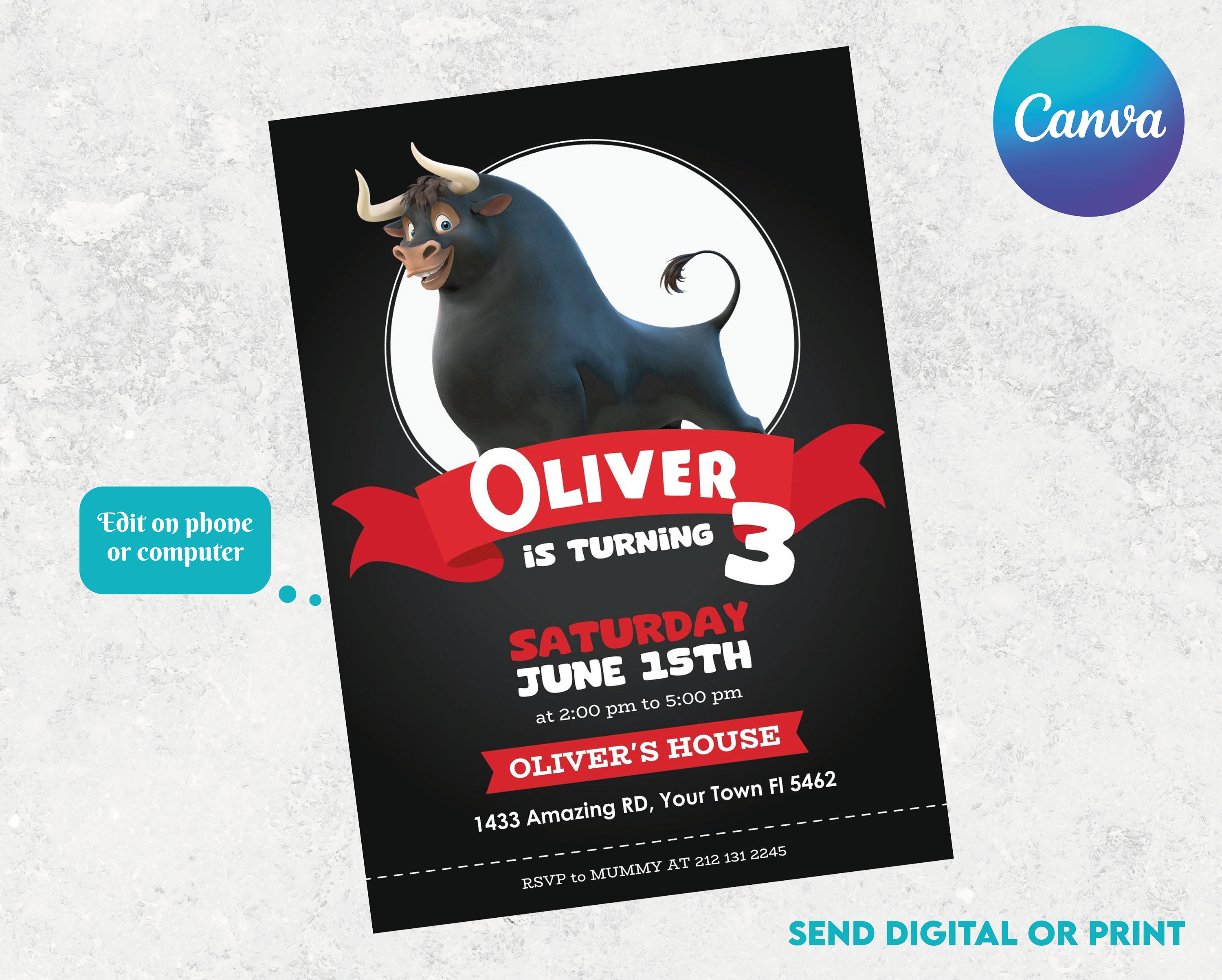 Ferdinand Invitation | Kids Invitation | Digital Party Invite | Modern ...