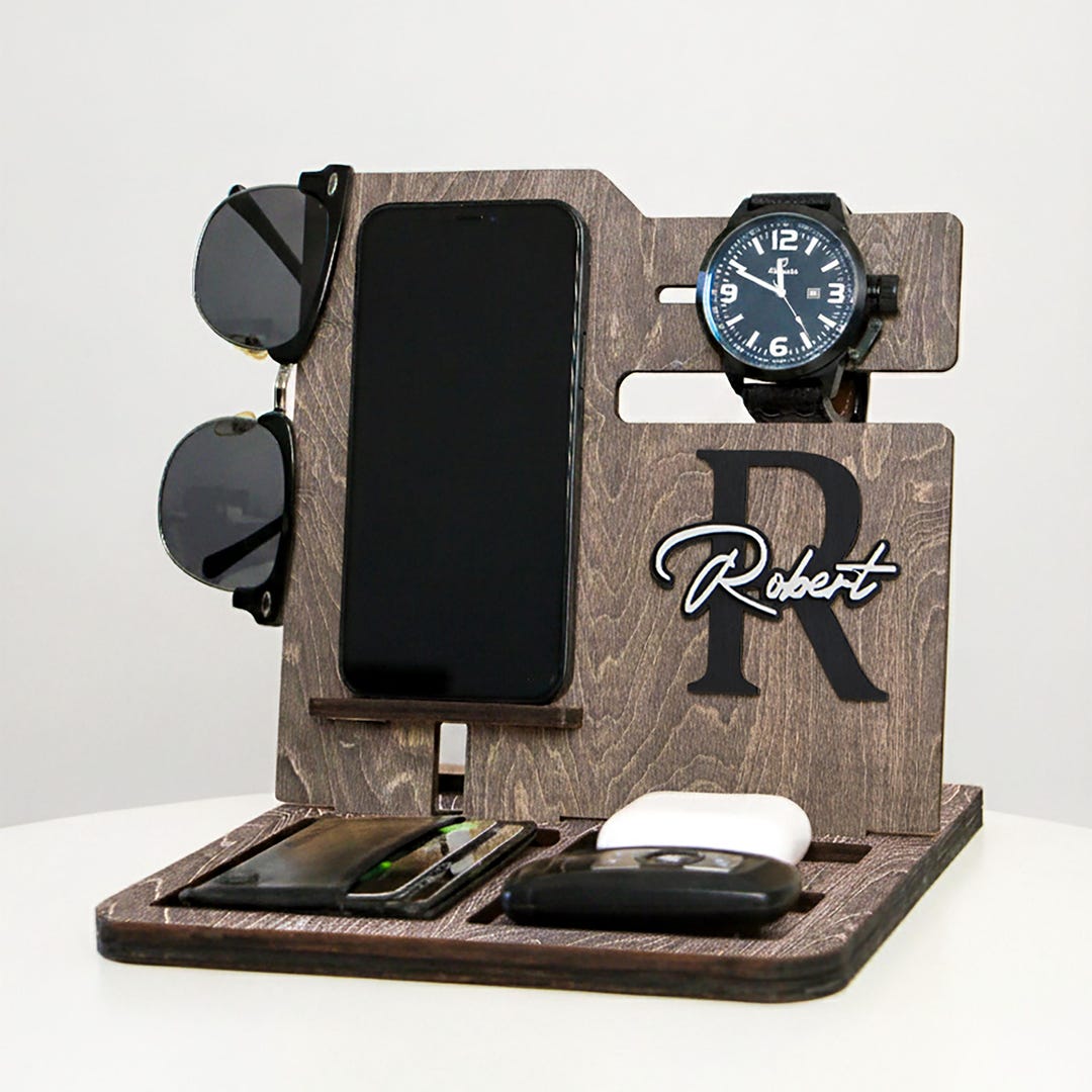 Personalized Wood Docking Station for Men: Phone Stand, Valet Tray - Etsy