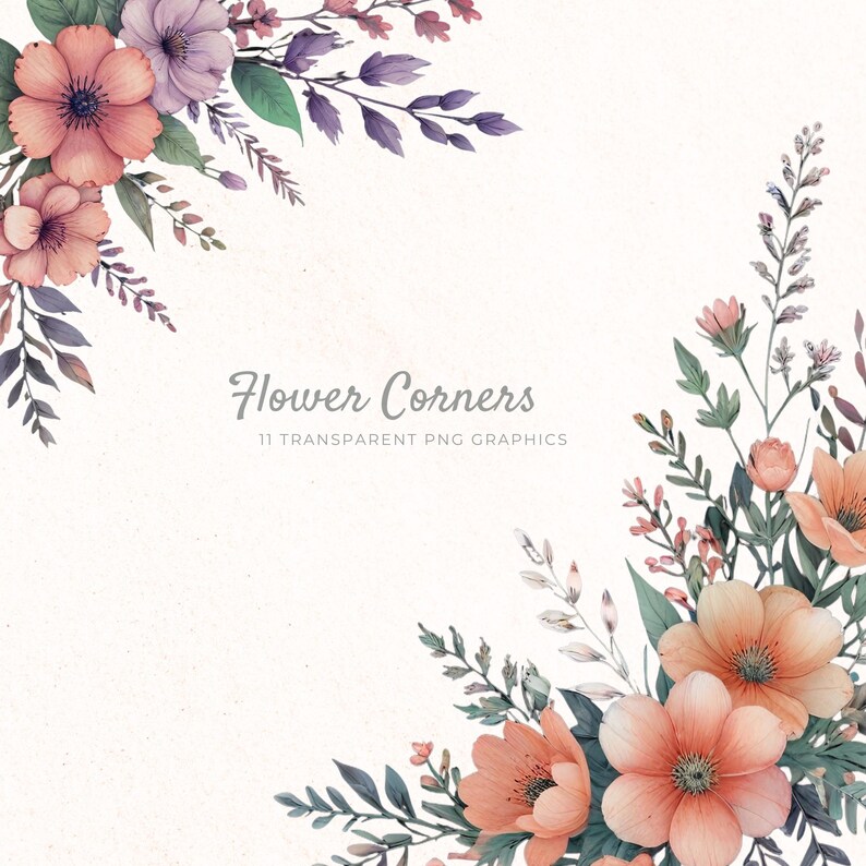 Floral Corner Clipart Set, Watercolor Flowers PNG, Cottagecore Decor ...