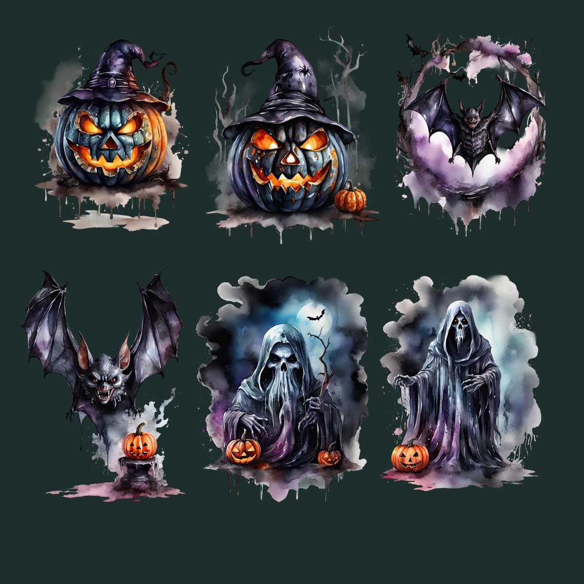 Scary Halloween Clipart Set, Watercolor Graphics, Instant Download PNG ...