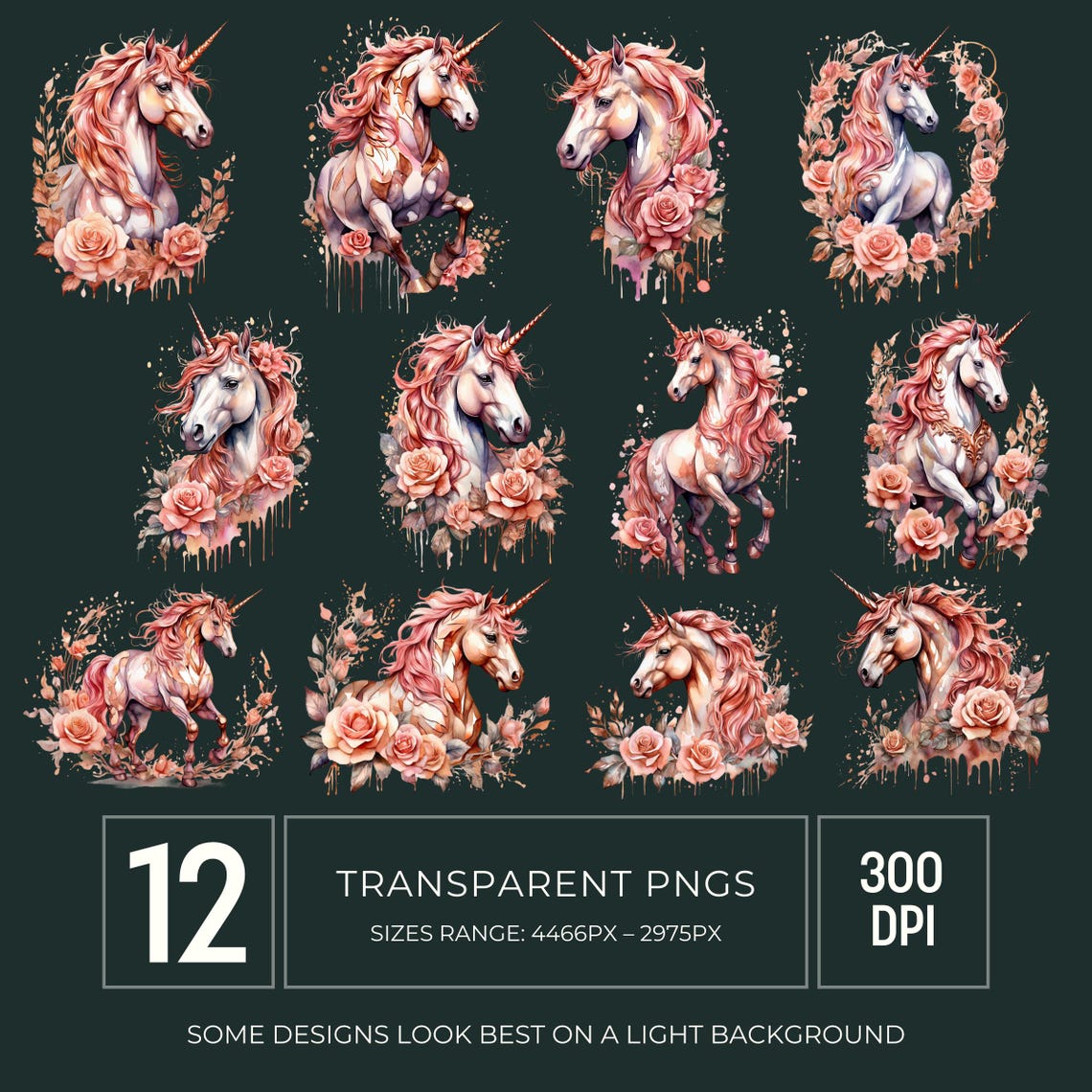 Rose Gold Unicorn Clipart Set PNG, Fairytale Fantasy Graphics for ...
