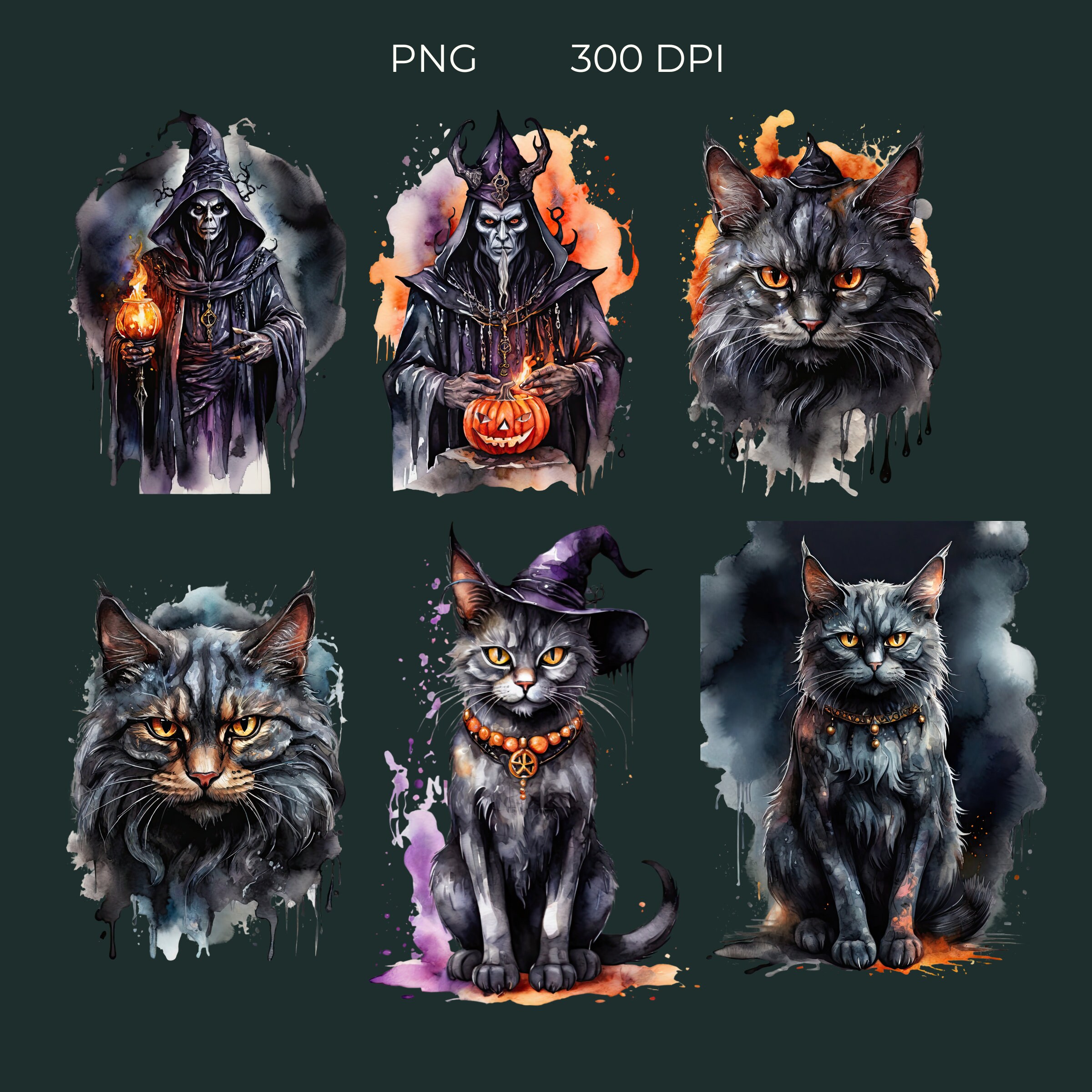 Scary Halloween Clipart Set, Watercolor Graphics, Instant Download PNG ...