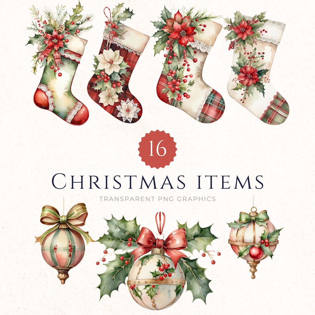 Grandmillennial Christmas Clipart PNG, Stockings Ornaments, Crafting ...