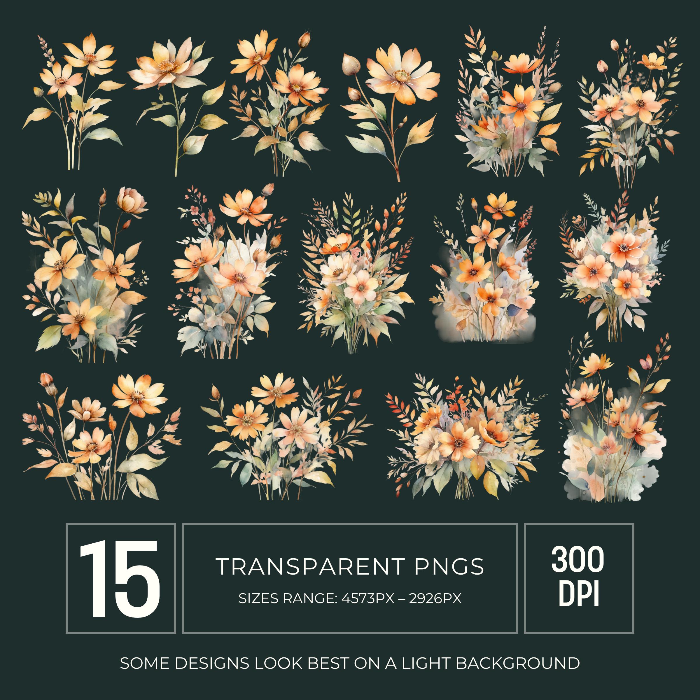 Terracotta Boho Autumn Flower Watercolor Clipart Set PNG, Fall Floral ...