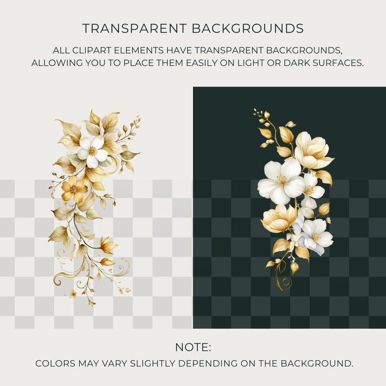 White and Gold Flower Vine Watercolor Clipart PNG, Wedding Graphics for ...