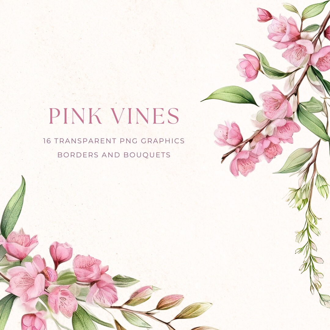 Pink Flower Vines Clipart, Instant Download PNG, Spring Decorations ...