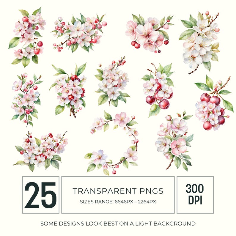 Cherry Blossom Watercolor Clipart PNG, Spring Floral Graphics for ...