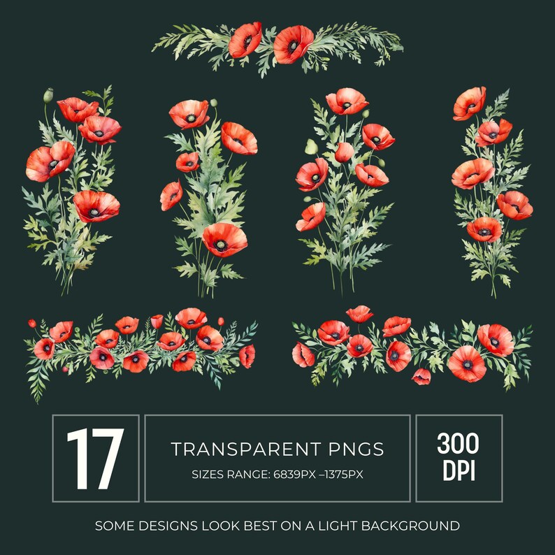 Watercolor Poppy Clipart Set, Floral PNG Images, Scrapbook Supply ...