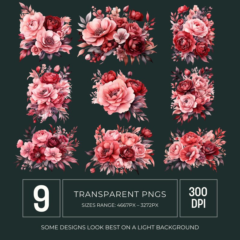 Red and Pink Moody Flower Watercolor Clipart PNG, Dark Floral Graphics ...