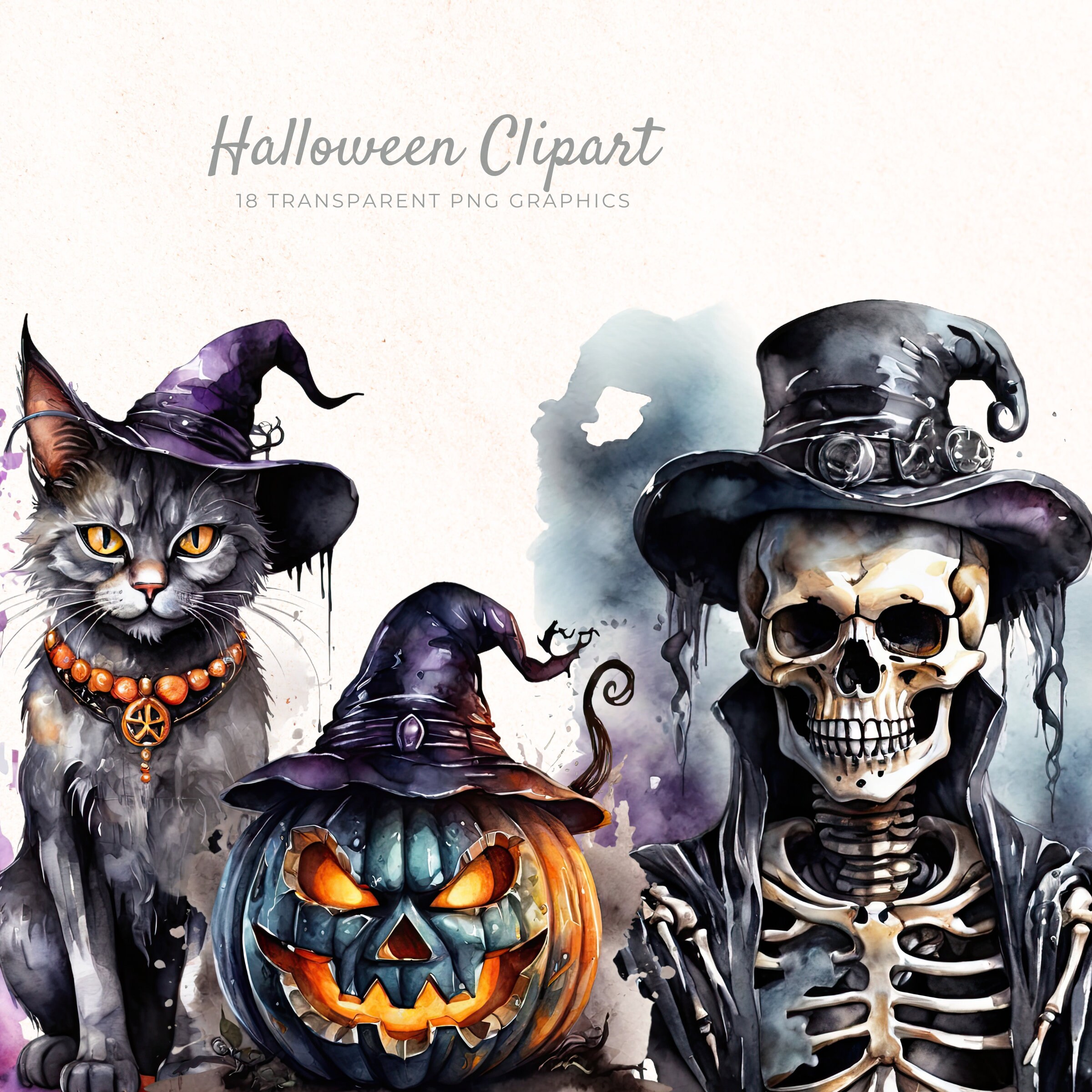 Scary Halloween Clipart Set, Watercolor Graphics, Instant Download PNG ...