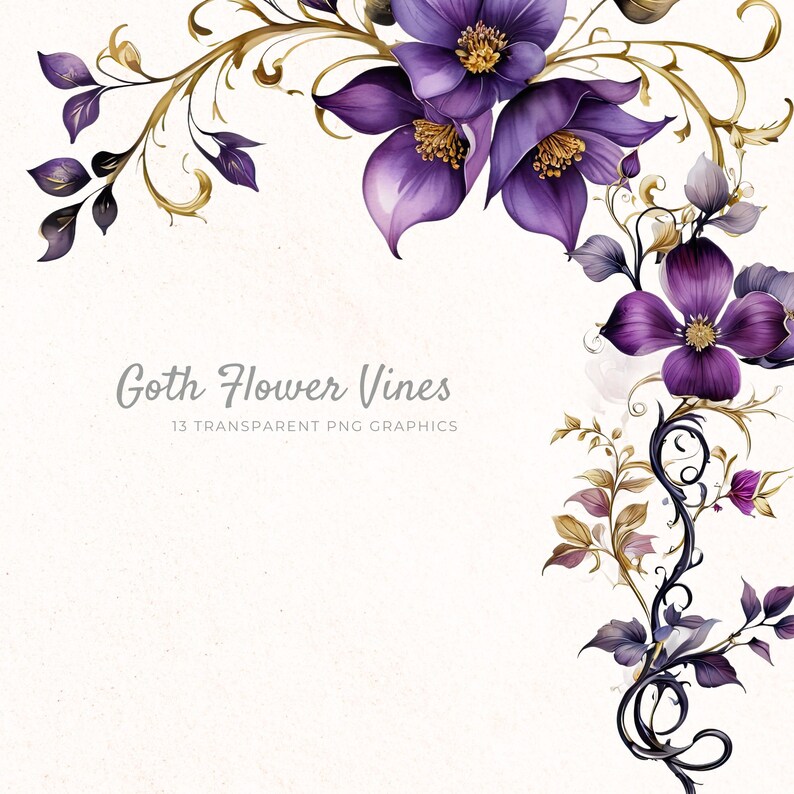 Gothic Flower Vine Clipart Set, Purple & Gold Floral Images, Scrapbook ...
