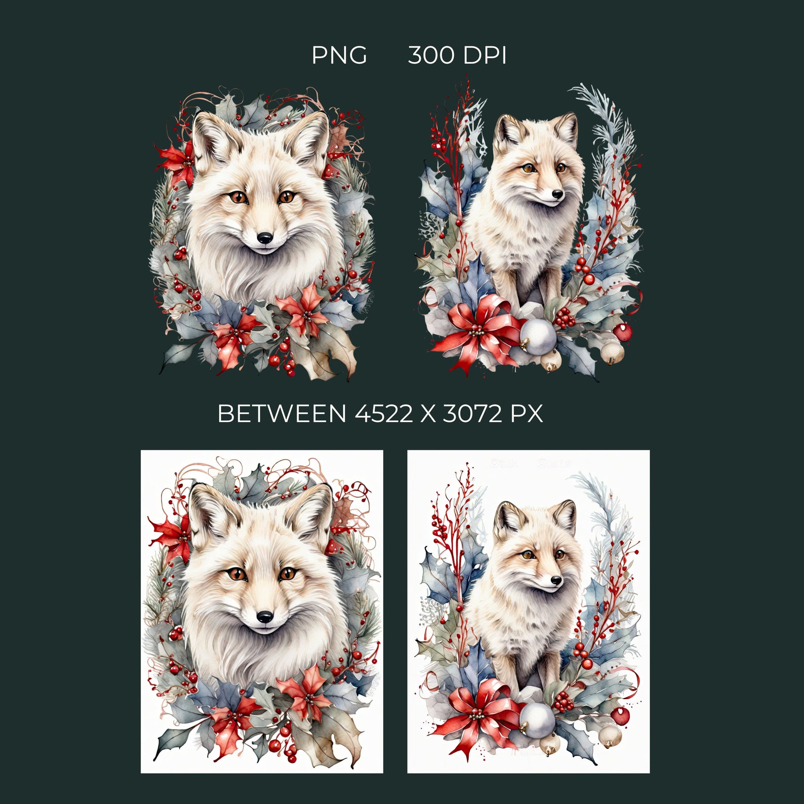 White Fox Christmas Clipart Instant Download PNG, Xmas Scrapbook Images ...