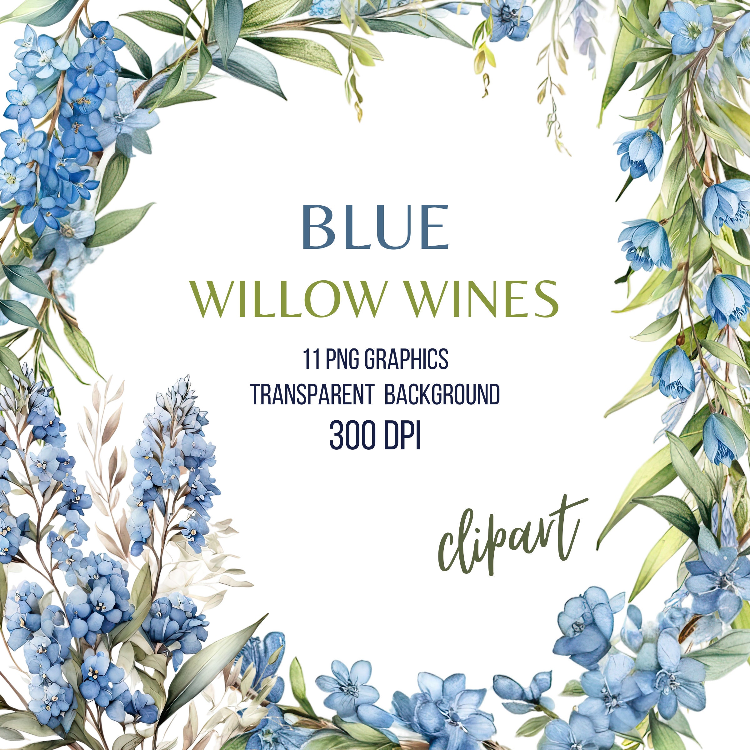 Blue Flower Willow Vine Clipart, Floral Garland Clip Art, Blue ...