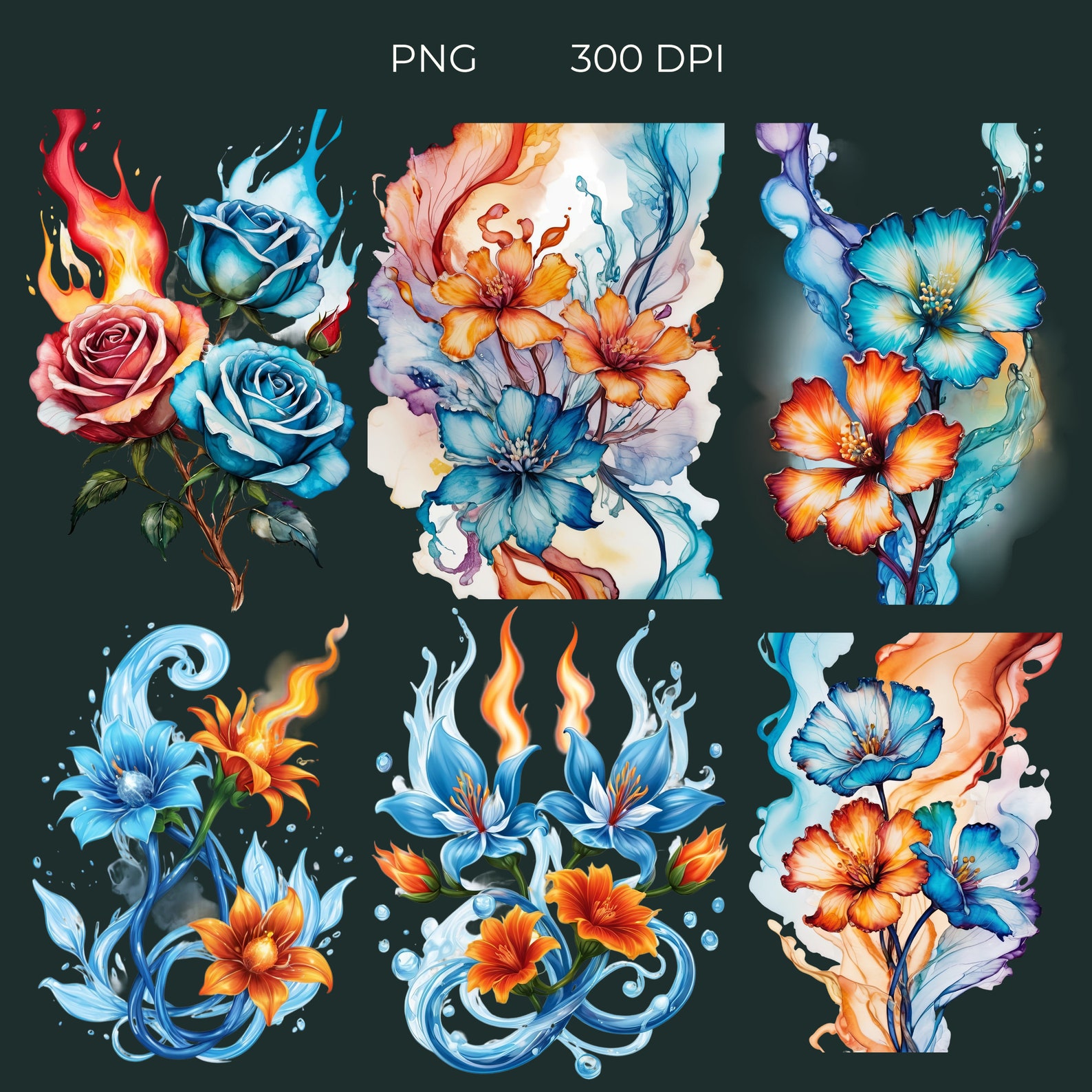 Fire and Ice Floral Clipart Set, Alcohol Ink Graphics, Scrapbooking ...