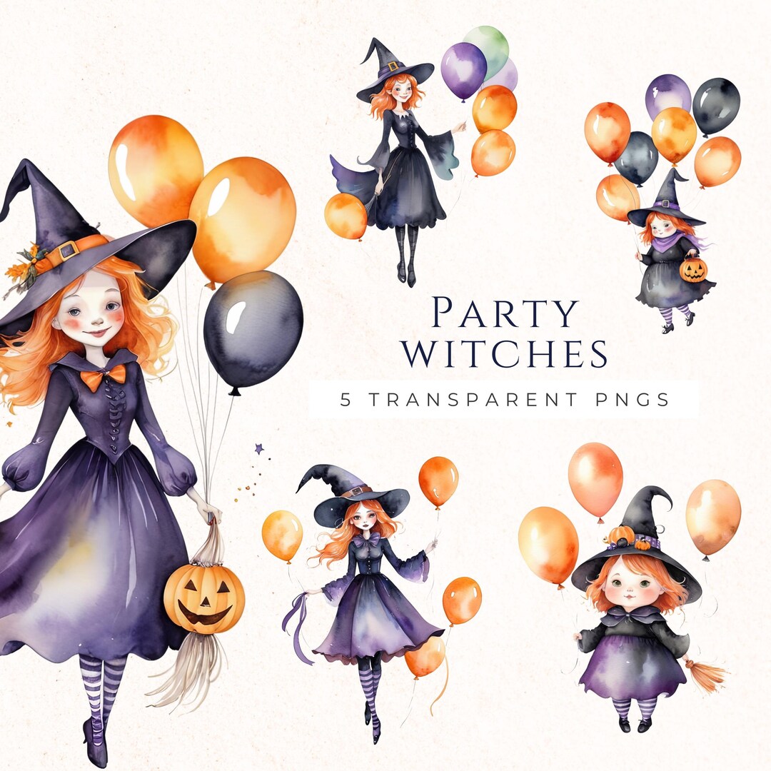 Spooky Clip Art Halloween Balloons, Witch Clipart, Party Invitation ...