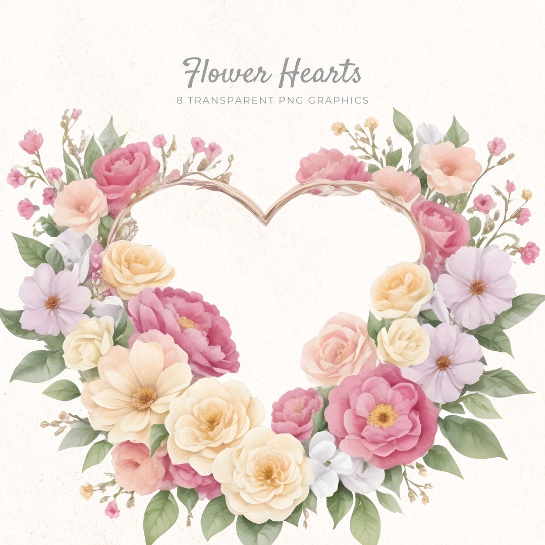 Digital Floral Heart Clipart - Watercolor Floral Elements for ...