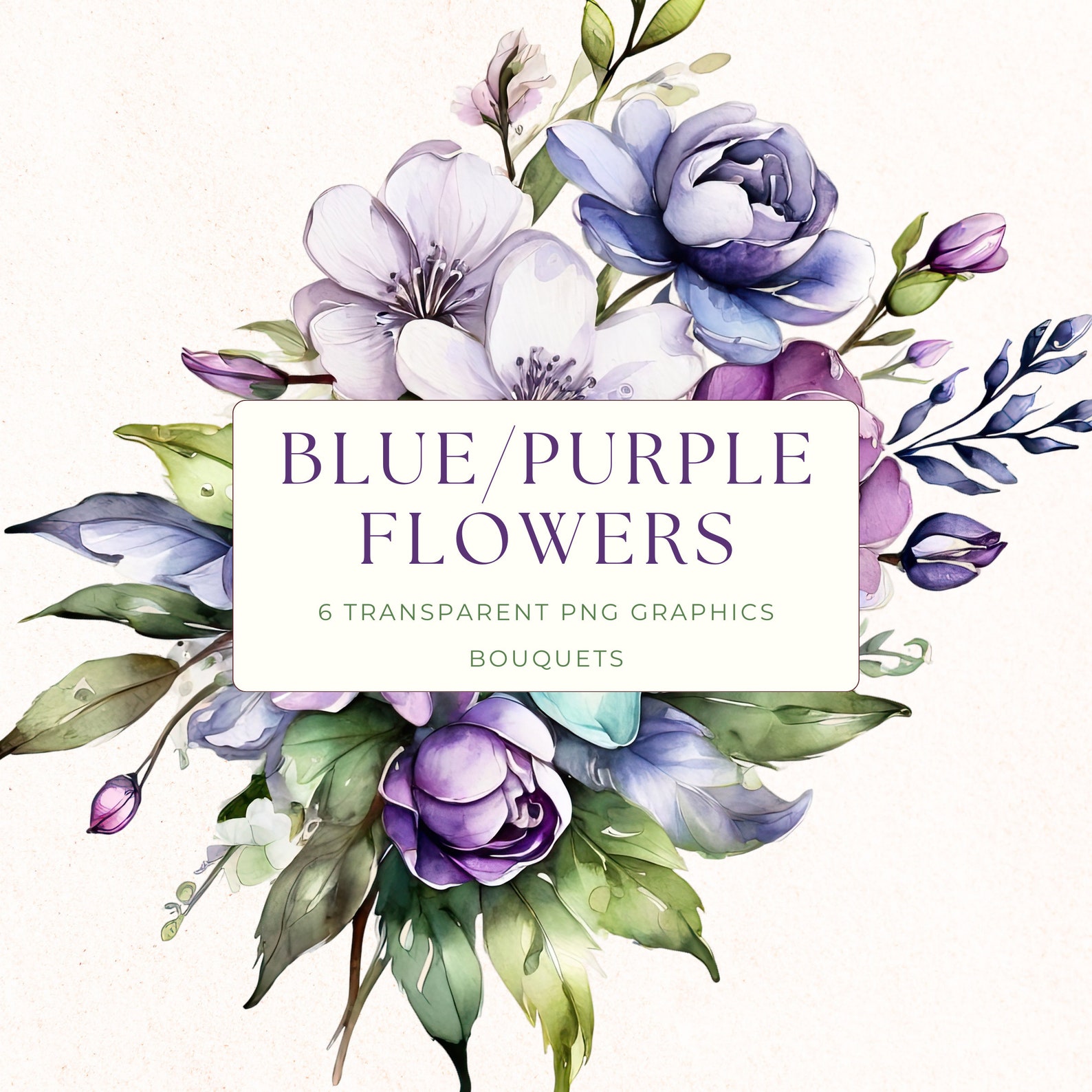 Watercolor Flower Clipart, Blue Purple Floral PNG, Garden Decor Digital ...