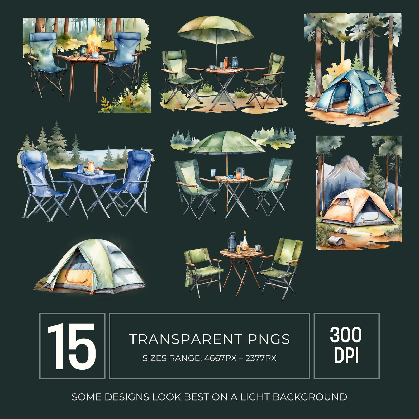 Watercolor Camping Clip Art, Outdoor Furniture Graphics, Travel ...